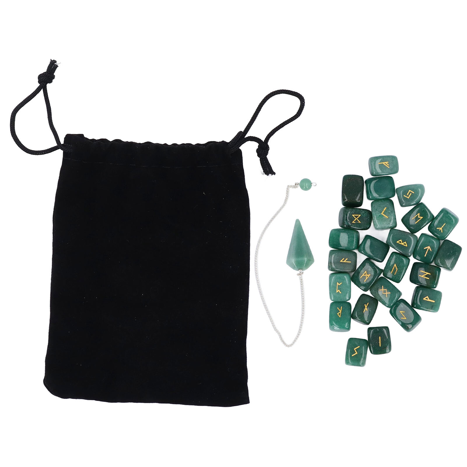 Набор из 25 рунических камней с мешочком для маятника, рунические камни для исцеления и гадания, медитации, зеленый авантюрин