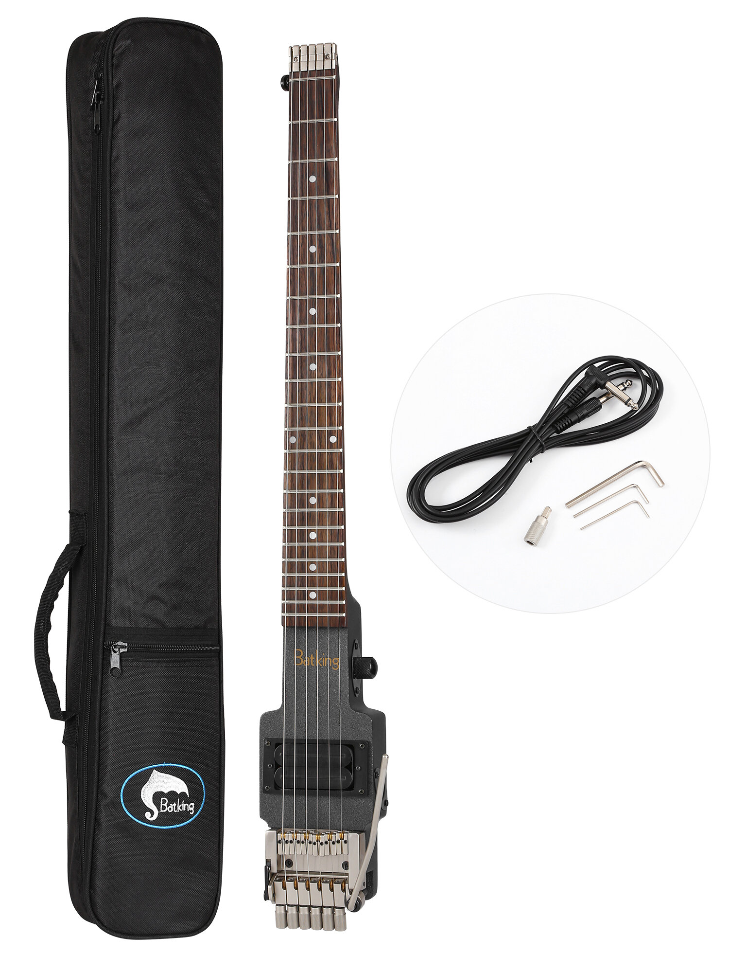 Batking Дорожная гитара, безголовая электрическая 6-струнная тремоло-гитара с двойным замком и чехлом Travel Guitar