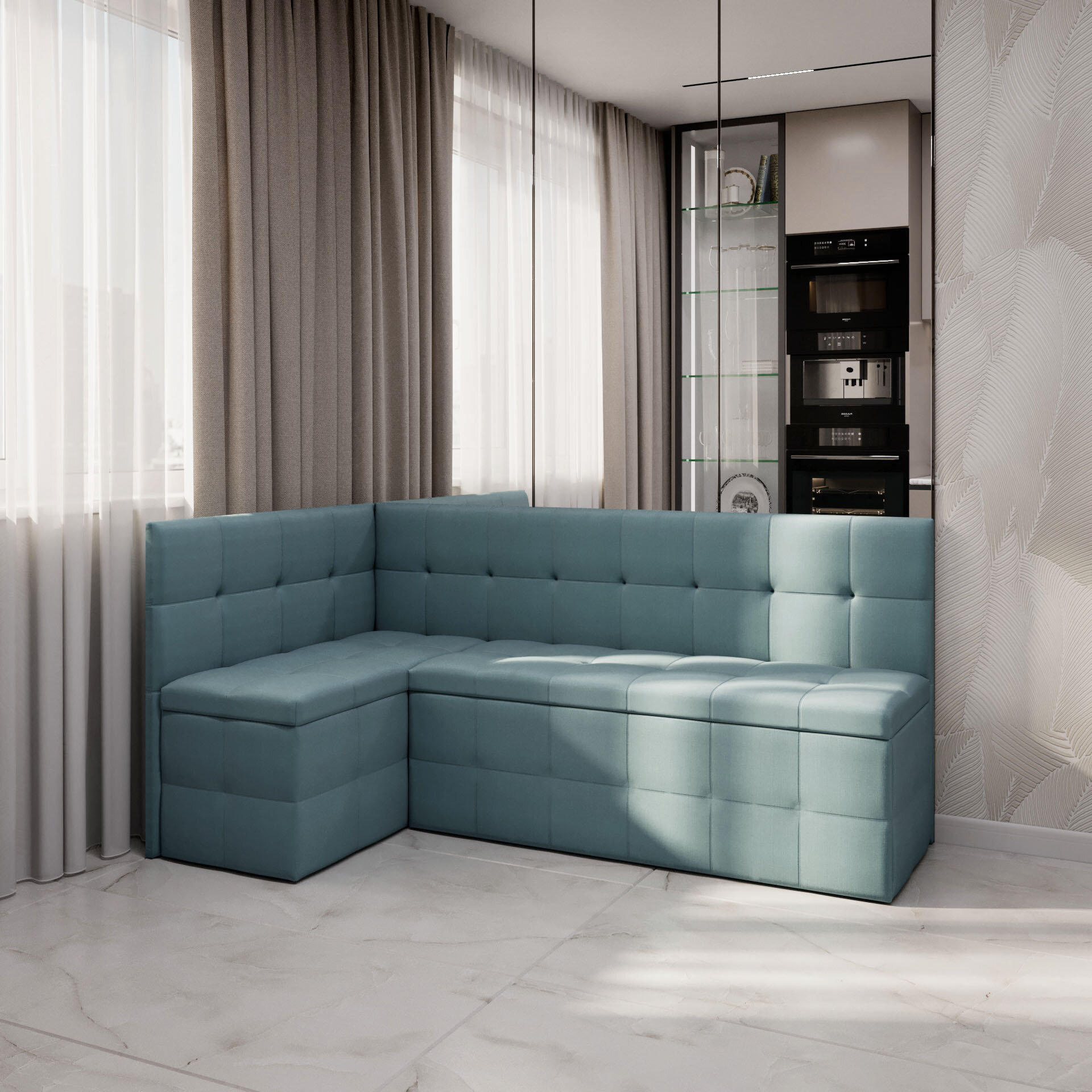 Диван кухонный угловой "Домино" D@E Factory со спальным местом, рогожка Саванна плюс минт, угол универсальный