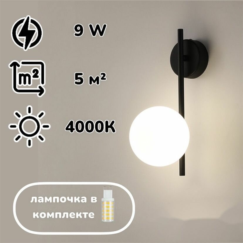 Настенный светильник Бра со стеклянным шаром Черный