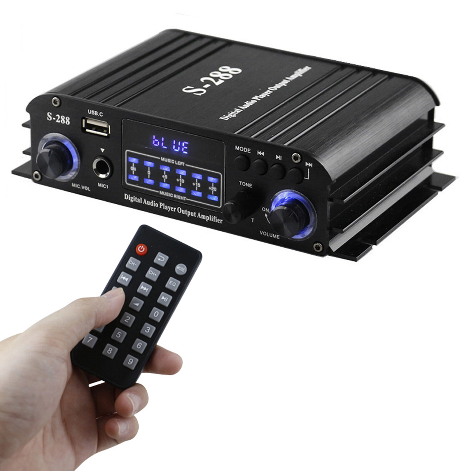 S-288 Mini Audio Power Amplifier 4.1-Channel Digital BT5.0 50W*4 Home Receiver System U Disk Playback MIC Input LCD Display with Remote Control