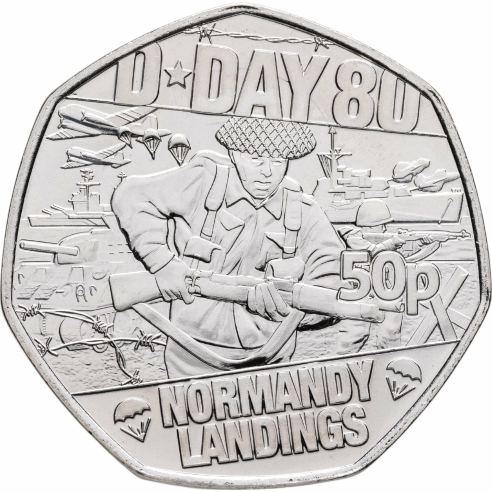 Остров Мэн 50 пенсов 2024 " 80 лет высадке союзников в Нормандии D-Day Высадка на берег в Нормандии", Мельхиор медь-никель, в сохранности BUNC