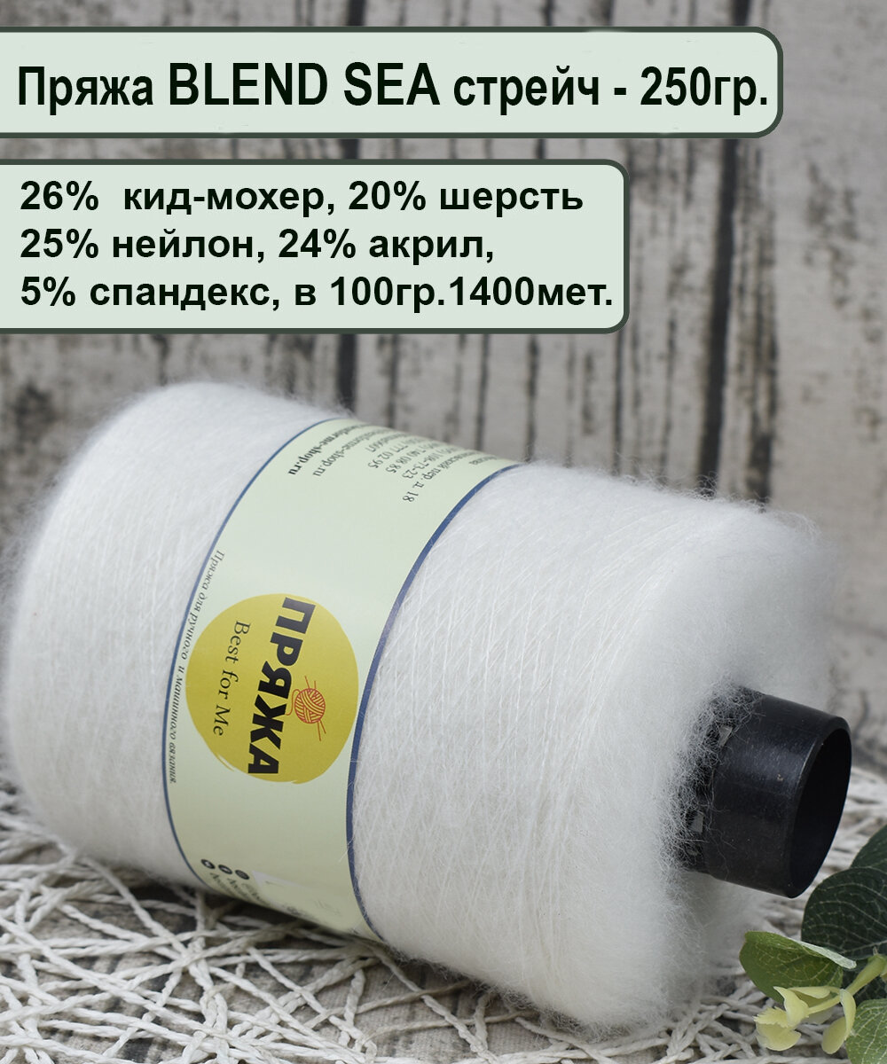 Пряжа BLEND SEA - 26%. кид-мохер, 20% шерсть, 25/24, 5% спандекс, 1400м/100гр. цв.01 белый (вес бобины 250гр.)