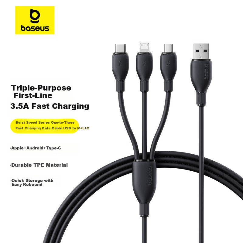 Baseus 3-in-1 Type-C Android Phone 3.5A Charging Cable One Drag Three Head for Apple 16/15 Xiaomi Huawei Honor Vivo Car Multi-function 0.8m