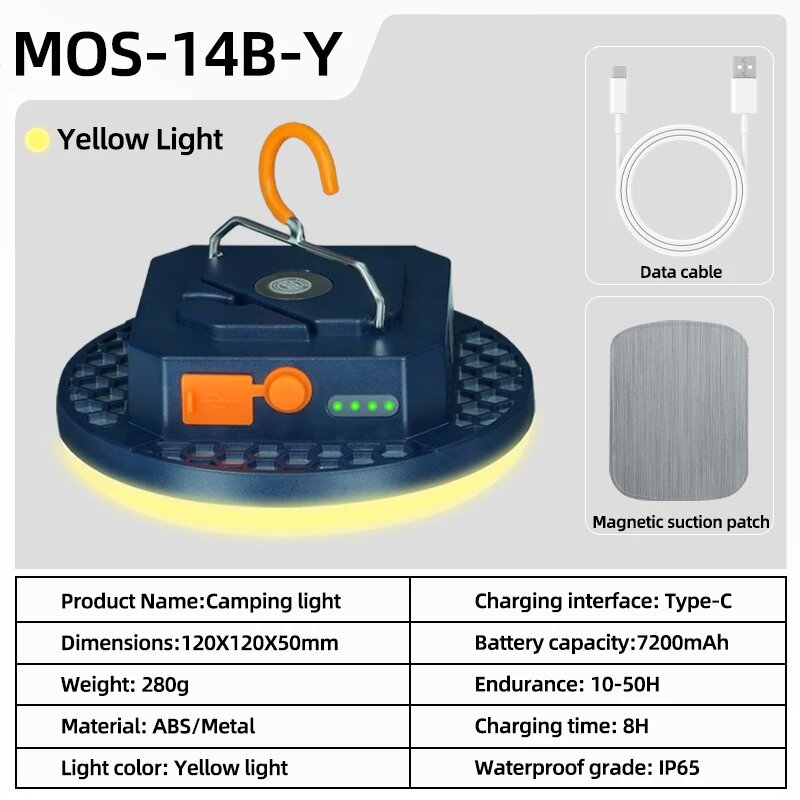 MOSLIGHTING 7200 мАч Перезаряжаемый Светодиодный Фонарь Портативный Магнитный Желтый, MOS14-Blue-Y