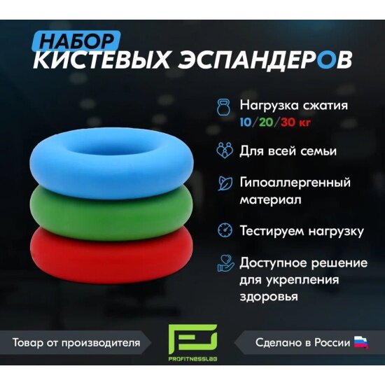 Набор кистевых эспандеров Profitnesslab , 3 шт, 10, 20, 30 кг, голубой, зеленый, красный