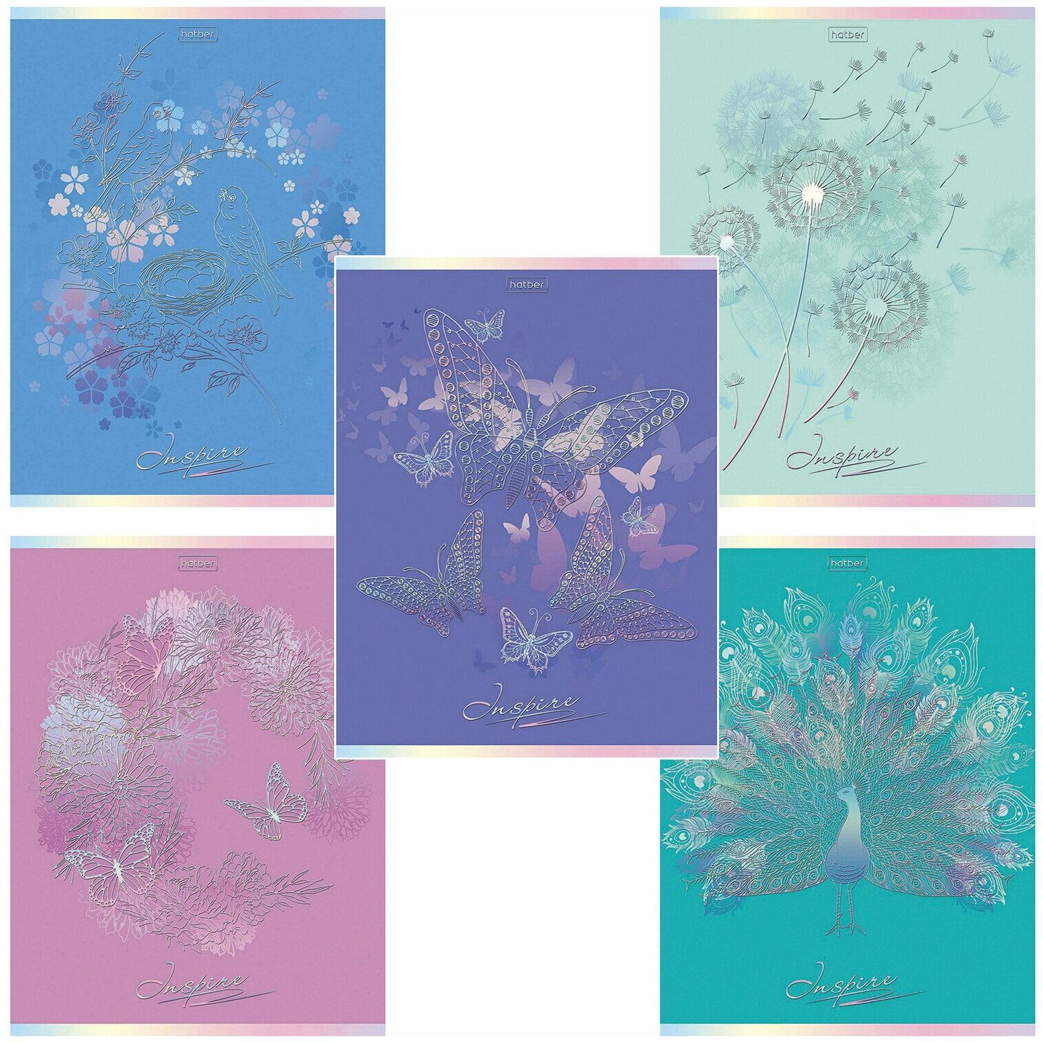 Тетрадь А5, 48 л, HATBER, скоба, клетка, матовая ламинация, 3D, "Вдохновение" (5 видов в спайке), 48Т5лофВ1 - 5 шт.