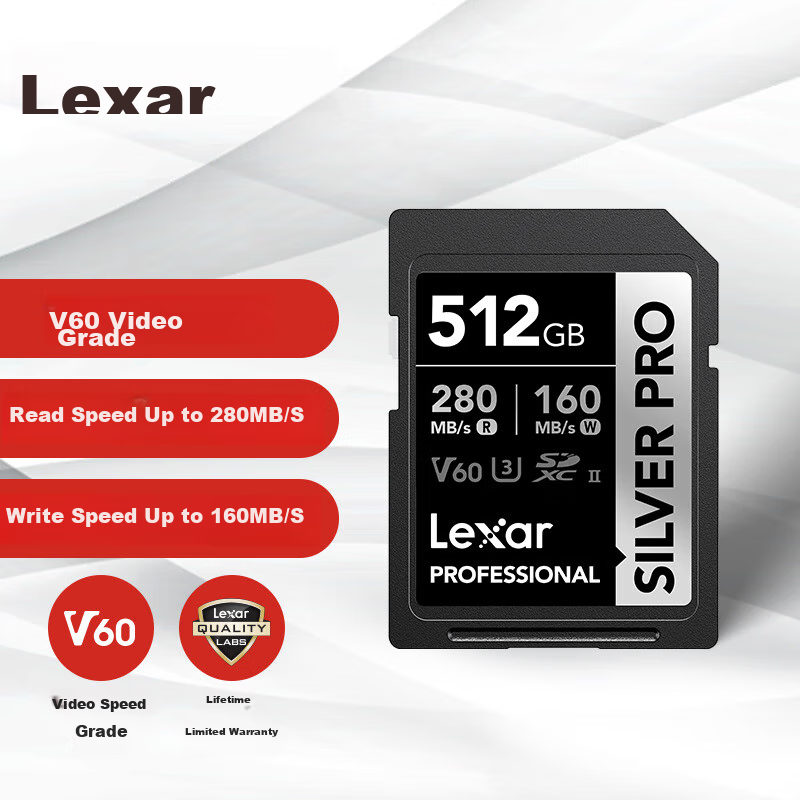 Lexar 512GB SD Memory Card C10 U3 V60 4K Camera Memory Card, Read 280MB/s, Write 160MB/s, Capture Light And Shadow (1667x Upgraded Version)