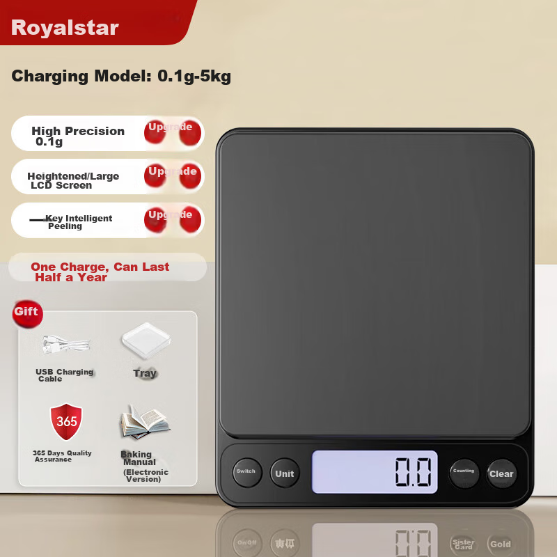 Royalstar Высокоточная кухонная электронная весовая шкала 0.1г-5кг для кофе и выпечки Цвет：Wushihei Перезаряжаемый