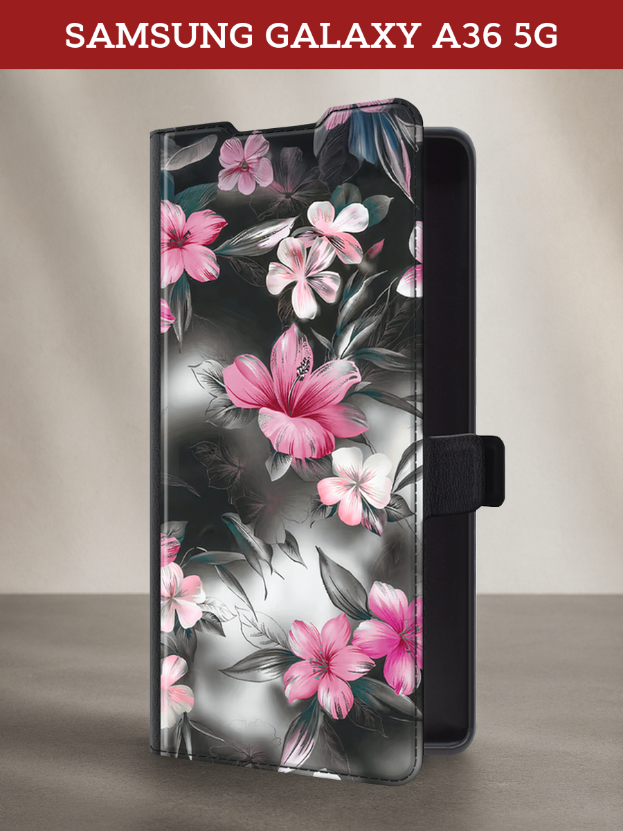Чехол-книжка на Samsung A36 5G / Самсунг А36 5G с принтом Цветы на сером, черный