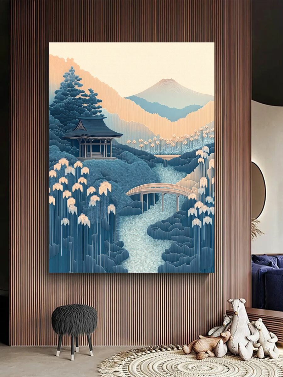 Картина интерьерная - "Пейзаж в японском стиле / гора Фудзи и сакура" , 40х60 см.