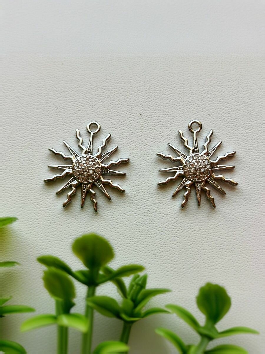 Подвески Солнце с фианитами 18 мм (2 шт.), родий. Корейская фурнитура для бижутерии, украшений