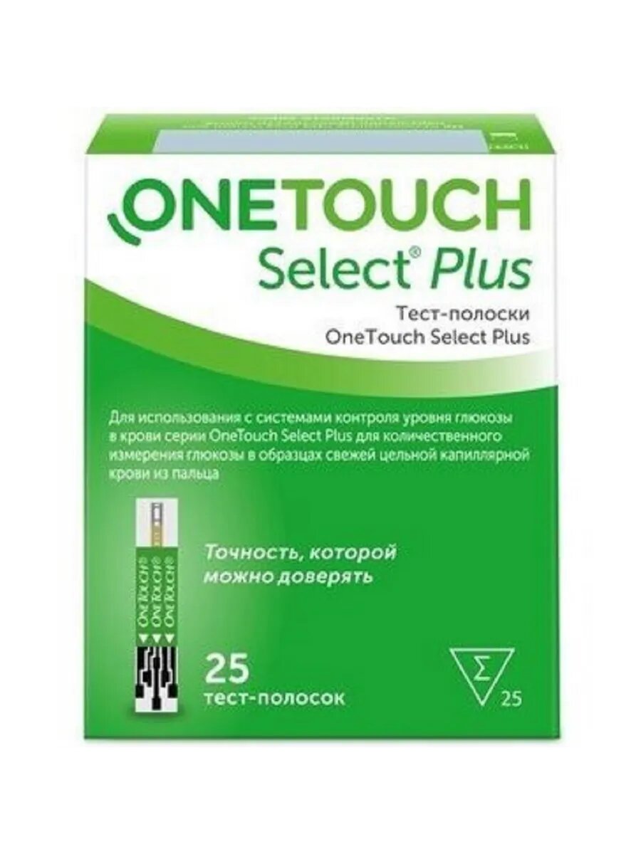 Тест-полоски для глюкометра OneTouch Select Plus, для измерения глюкозы, 25 штук — фото 1