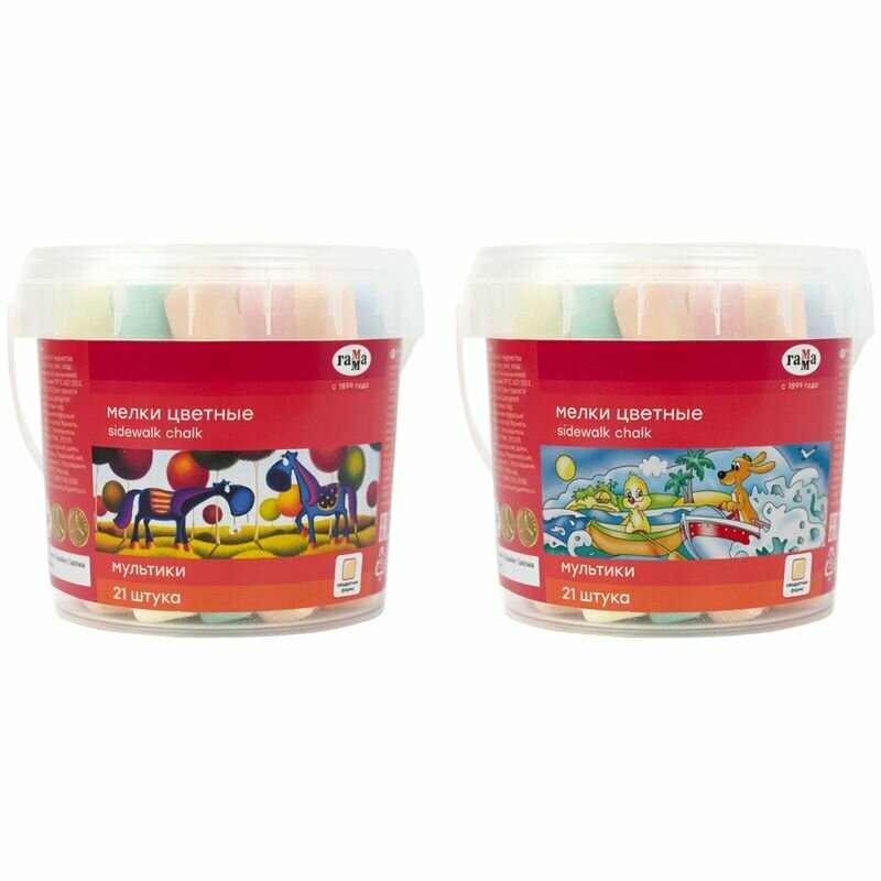 5 шт. Мелки для асфальта Гамма "Мультики", цветные, 21шт, 7цв, квадратные, пластиковое ведро