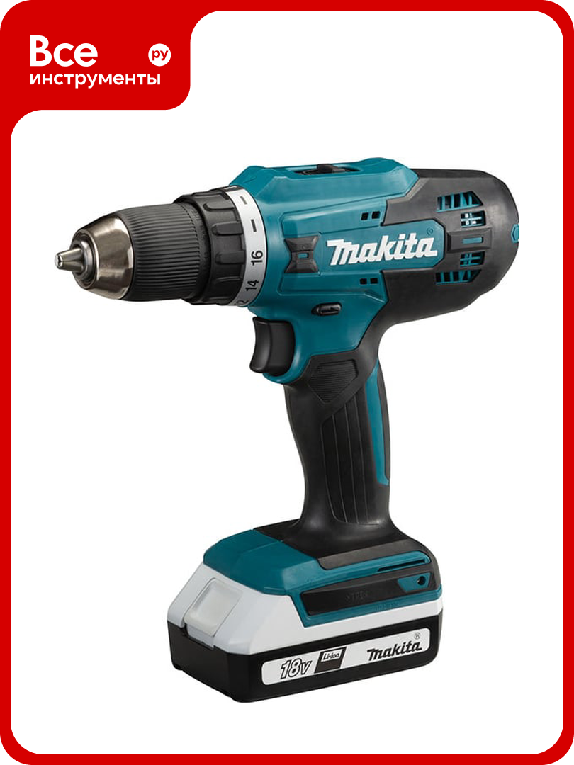 Дрель-шуруповерт Makita аккумулятор G-серия 18 В, 13 мм, 42/24 Нм (2x1,5Ач, з/у) DF488D002, 1,7 кг, резиновый