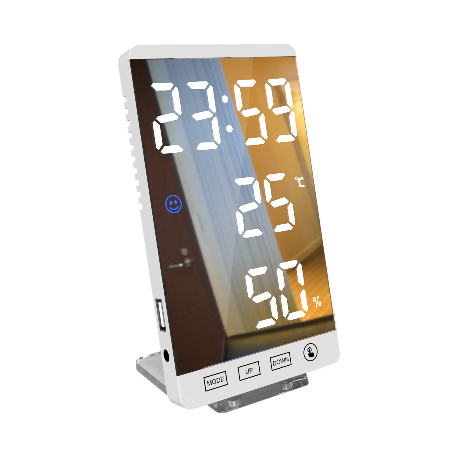 Светодиодный цифровой зеркальный будильник с кнопкой, ЖК-дисплей с дисплеем температуры и влажности, выходной порт USB, настольные часы, C