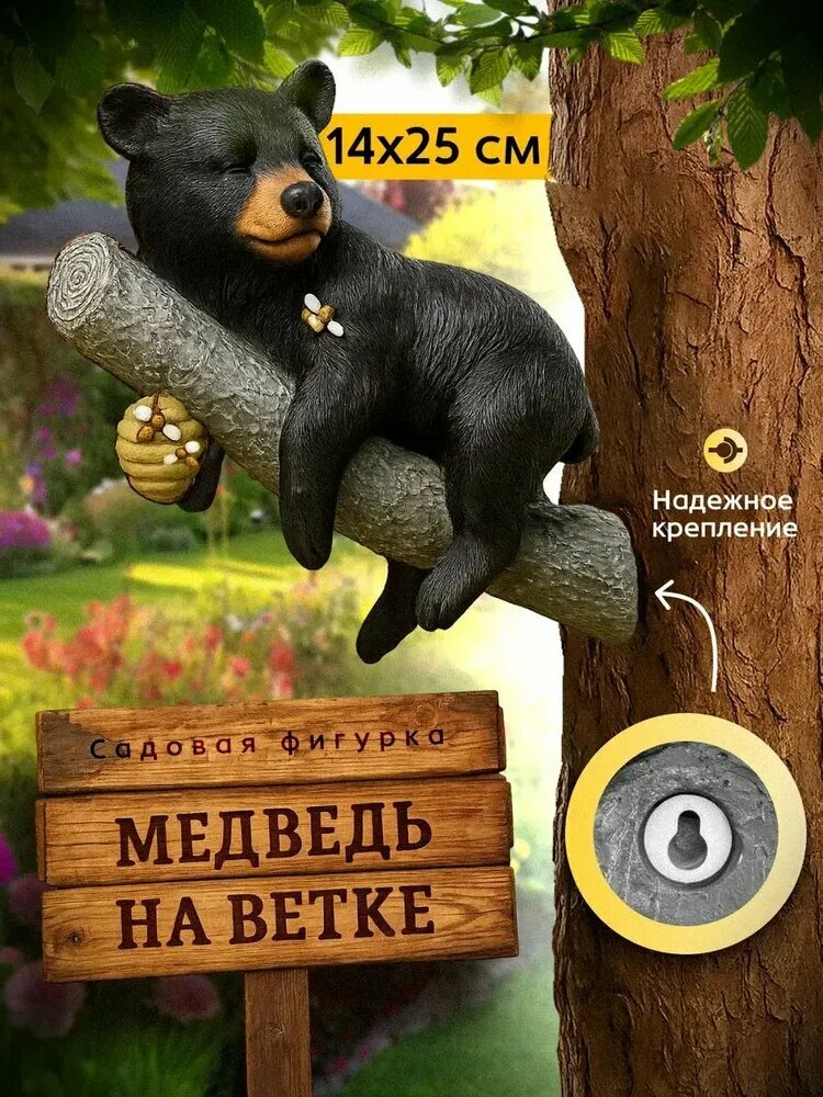 Садовая фигура Медведь чёрный для дачи, 1 шт