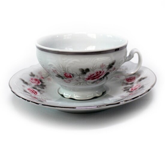 Чашка с блюдцем Bernadotte декор "Бледные розы, отводка платина", 205 мл, блюдце 155 мм. (БЕР0045)