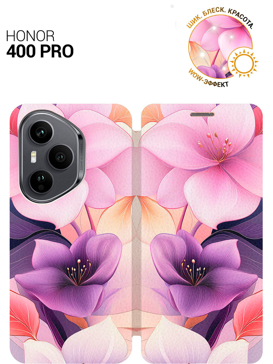 Чехол-книжка на Honor 400 Pro с принтом "Сказочные цветы" золотой