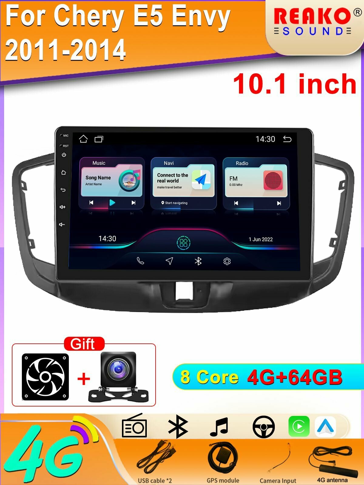 Магнитола для Chery E5 Envy 2011-2014 , с камерой заднего вида. IPS экран 10.1 дюймов, Wifi 2din с сенсорным экраном, usb и блютузом.