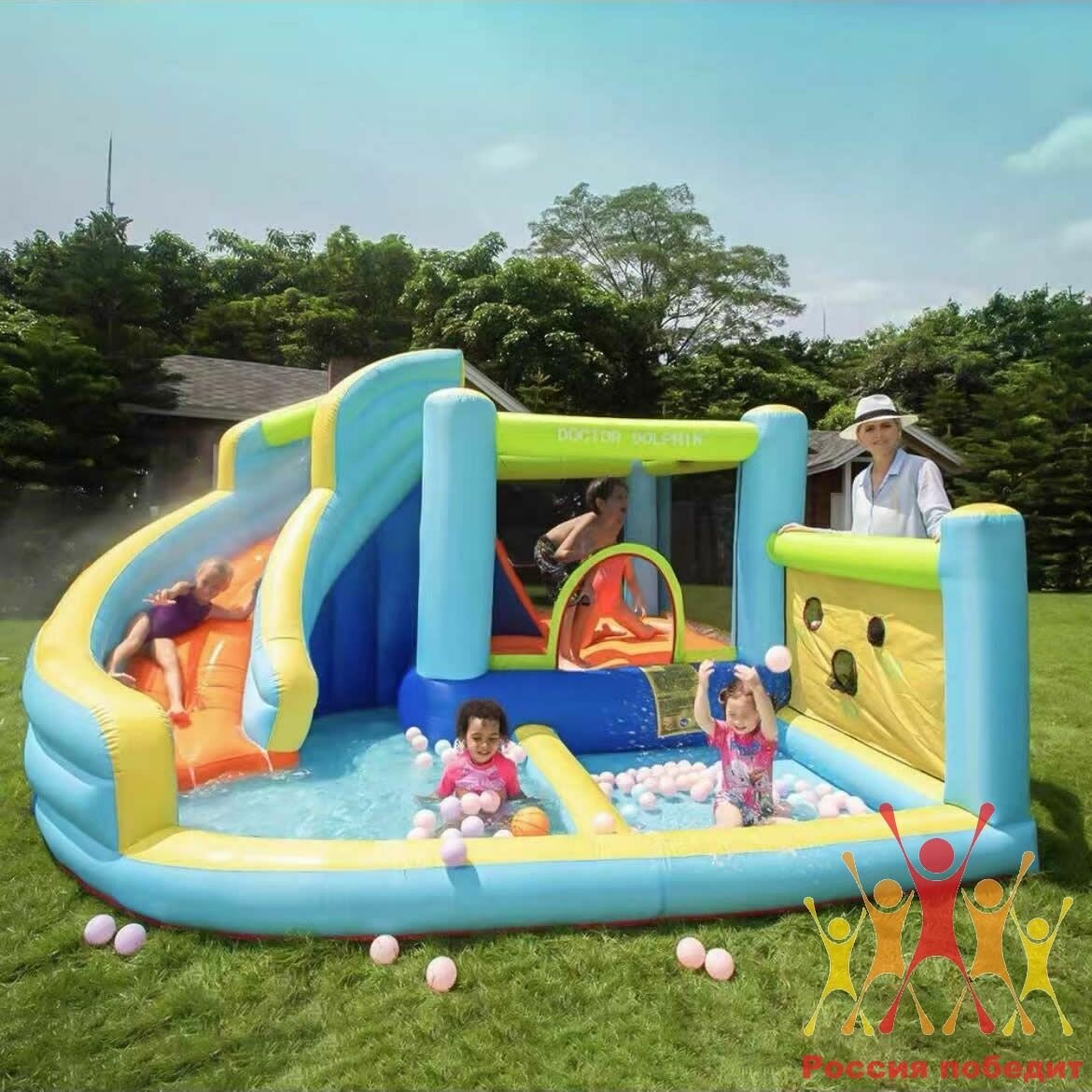 Детский аквапарк, надувной игровой центр, батут с горкой, со скалодромом, 360*340*218 см