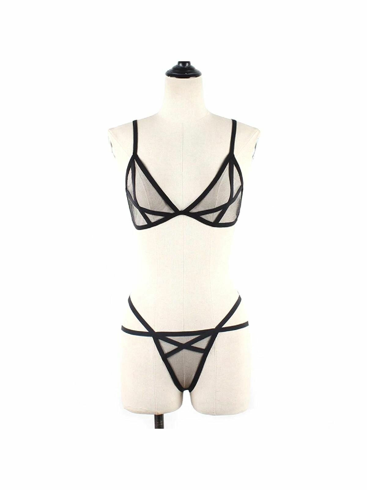 Прозрачный сетчатый комплект белья с push-up, Черный - XL