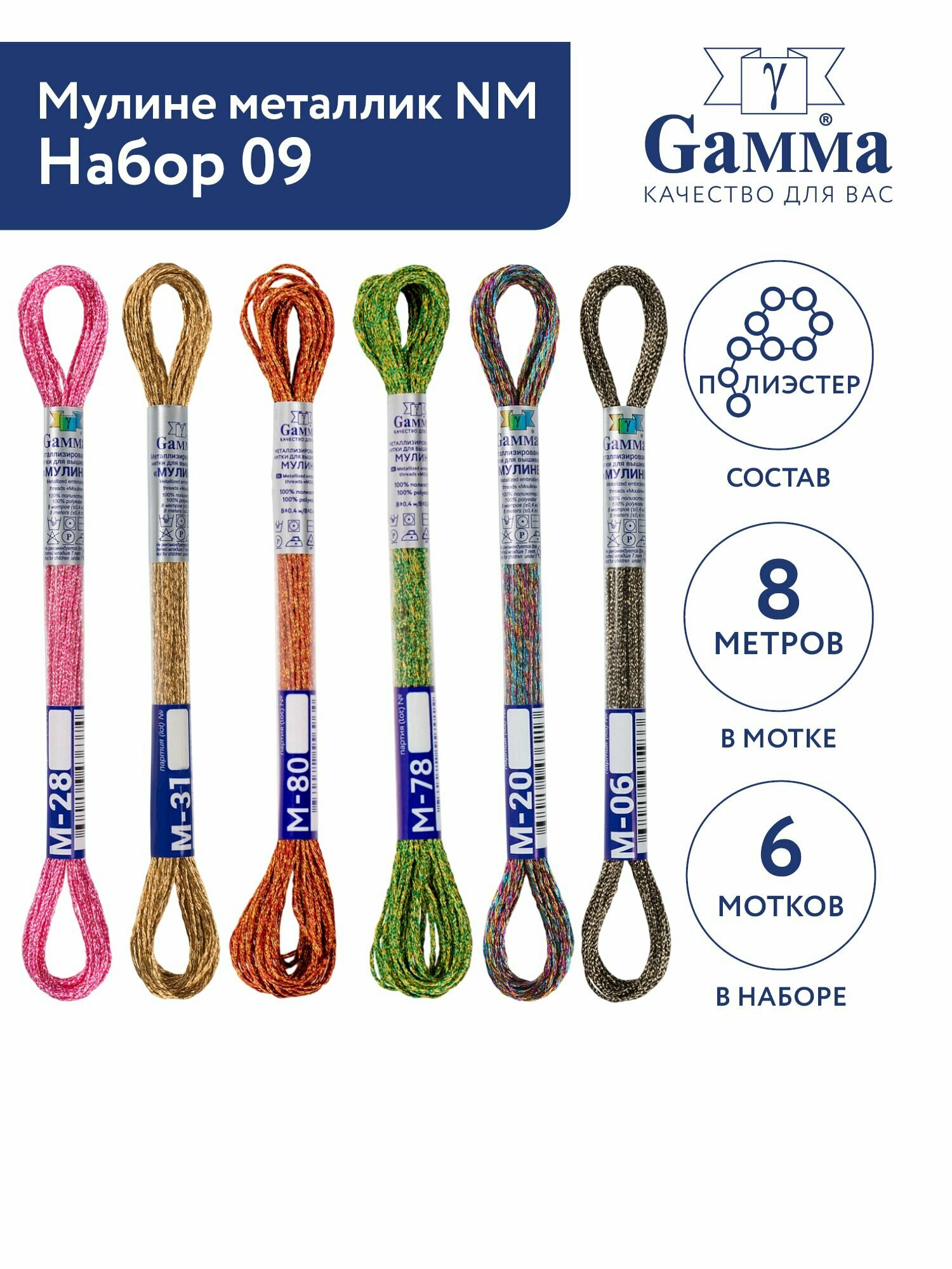 Нитки мулине металлизированные Гамма 7 штук NM_8 набор ассорти №09