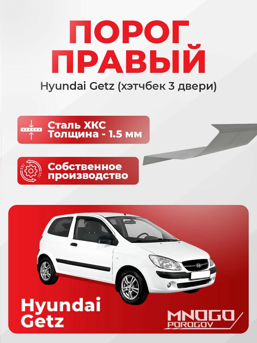 Правый порог на Hyundai Hyundai Getz 2002-2011 хетчбэк 3 двери, холоднокатаная сталь, толщина 1.5 мм (Гетц 1), правая сторона, кузовной ремонт.