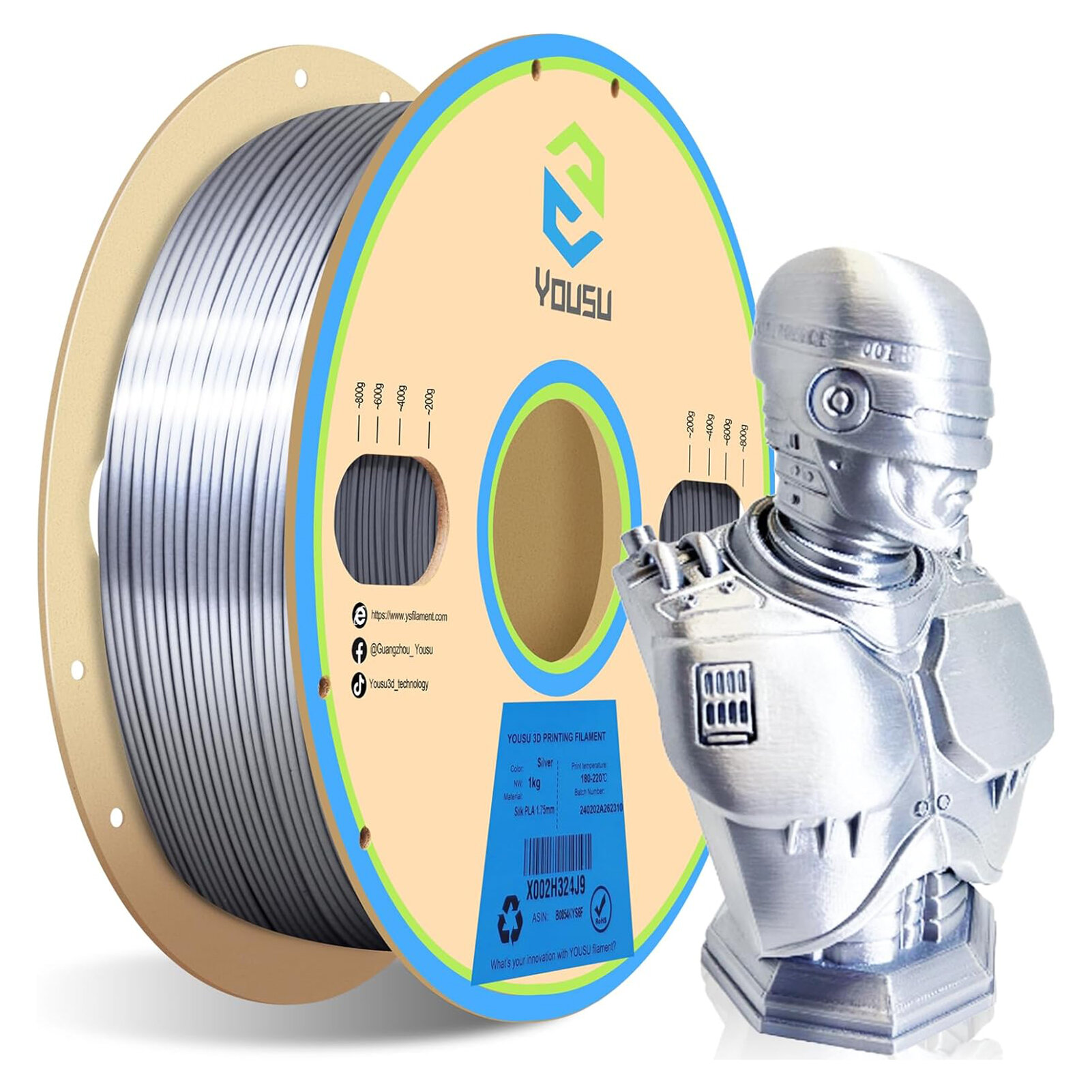 Шелковая нить YOUSU PLA для 3D-принтера, 1,75 мм, точность размеров +/- 0,03 мм, катушка с материалом для 3D-печати, хорошая адгезия для большинства FDM 3D-принтеров, 1 кг (2,2 фунта) - серебристый