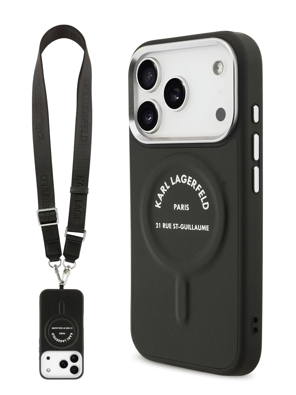 Чехол Karl Lagerfeld на iPhone 17 Pro, с магнитами MagSafe, кросс-боди с ремешком, с принтом NFT RSG, черный