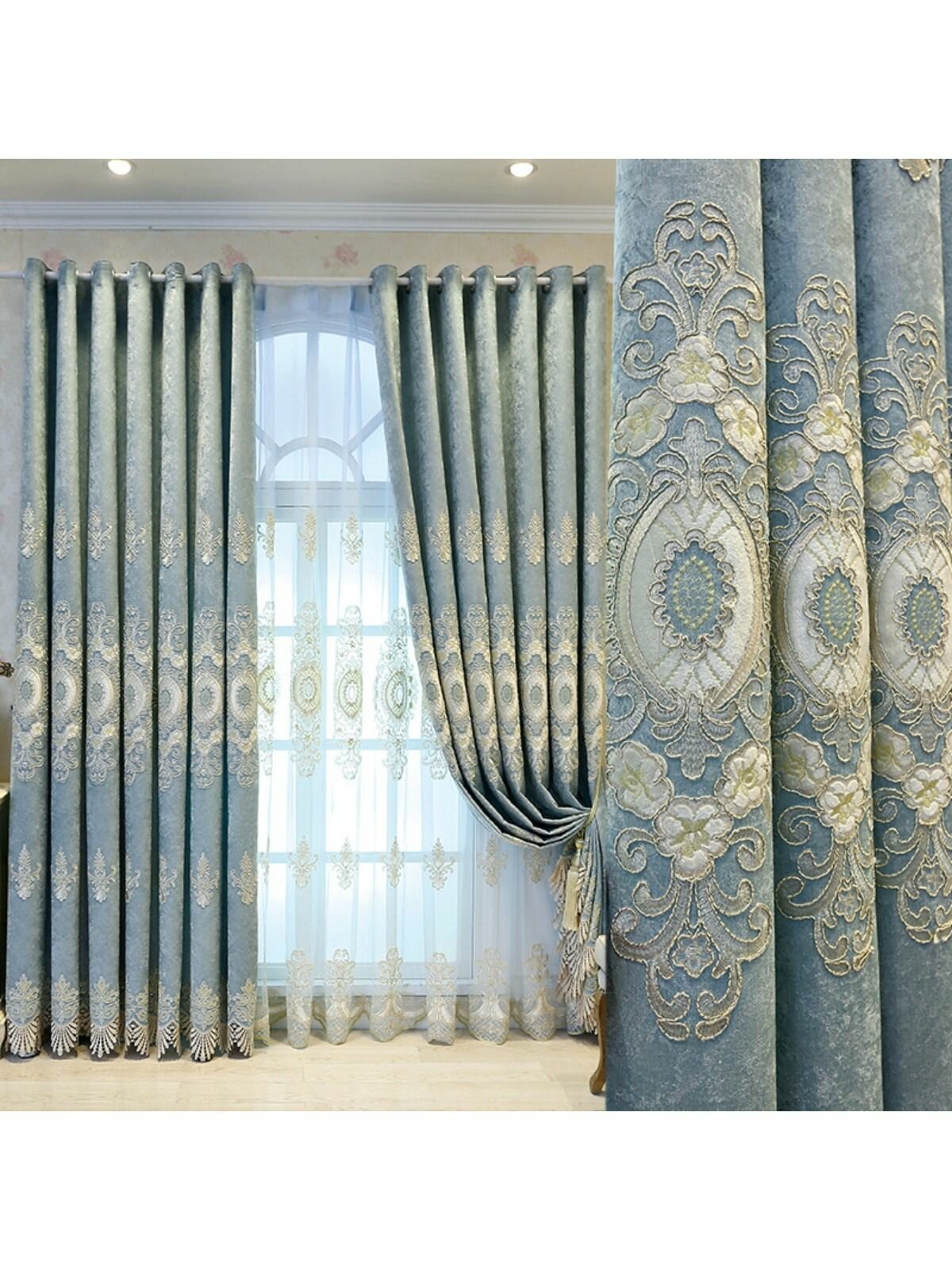 Шторы из шенилла с вышивкой, европейский стиль, для гостиной и спальни, затемняющие, с тюлем, готовое изделие, весна-лето 2025, элегантный дизайн