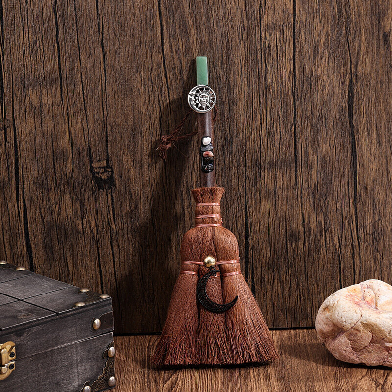 Натуральный кристаллический необработанный камень, метла ведьмы, подвесное украшение для автомобиля, 24 см, длинная метла, подвесное украшение