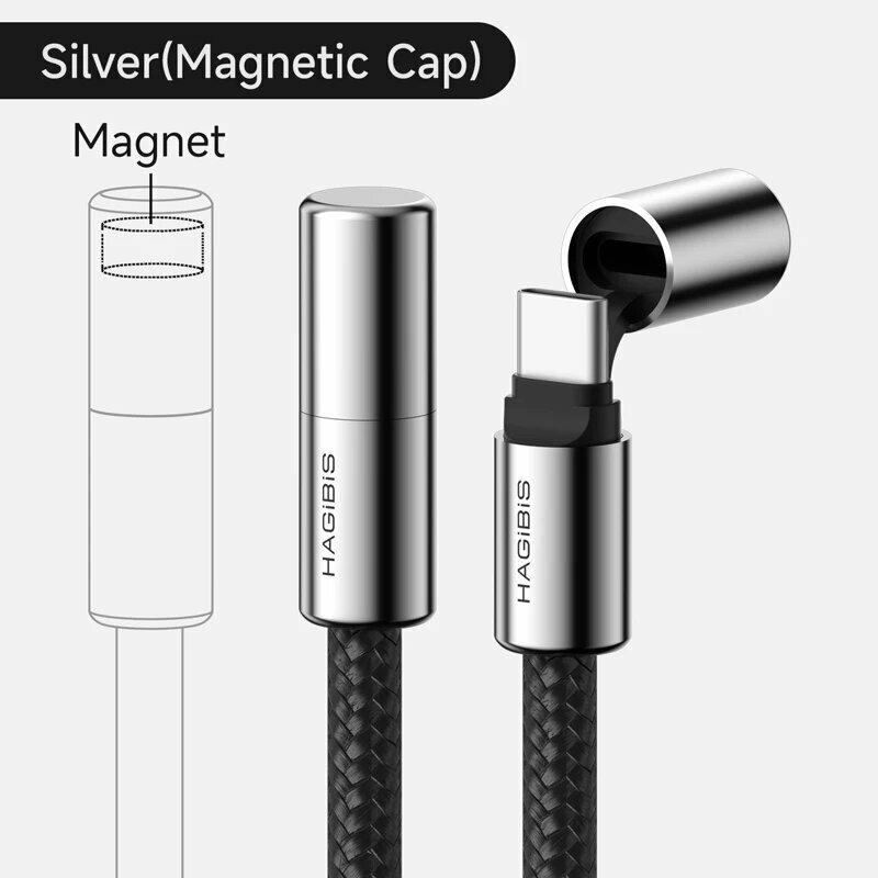 Кабель Hagibis USB C — USB C с магнитной защитной крышкой, 240 Вт PD 3,1, шнур для быстрой зарядки типа C для iPhone 16 17 Macbook Pro iPad 1,2 м, Silver