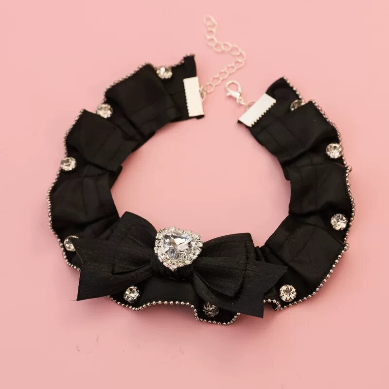 Ошейник для кошек и собак, аксессуар-накладка, кружевной бант с сердечком и стразами, элитный черно-белый в стиле