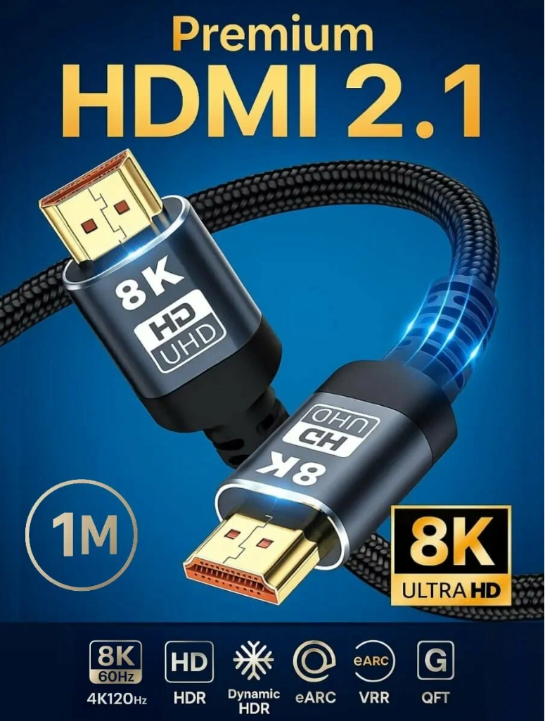 HDMI кабель 1м, версия 2.1, поддержка 8K@60Hz , игровой высокоскоростной цифровой кабель с усиленной оплёткой