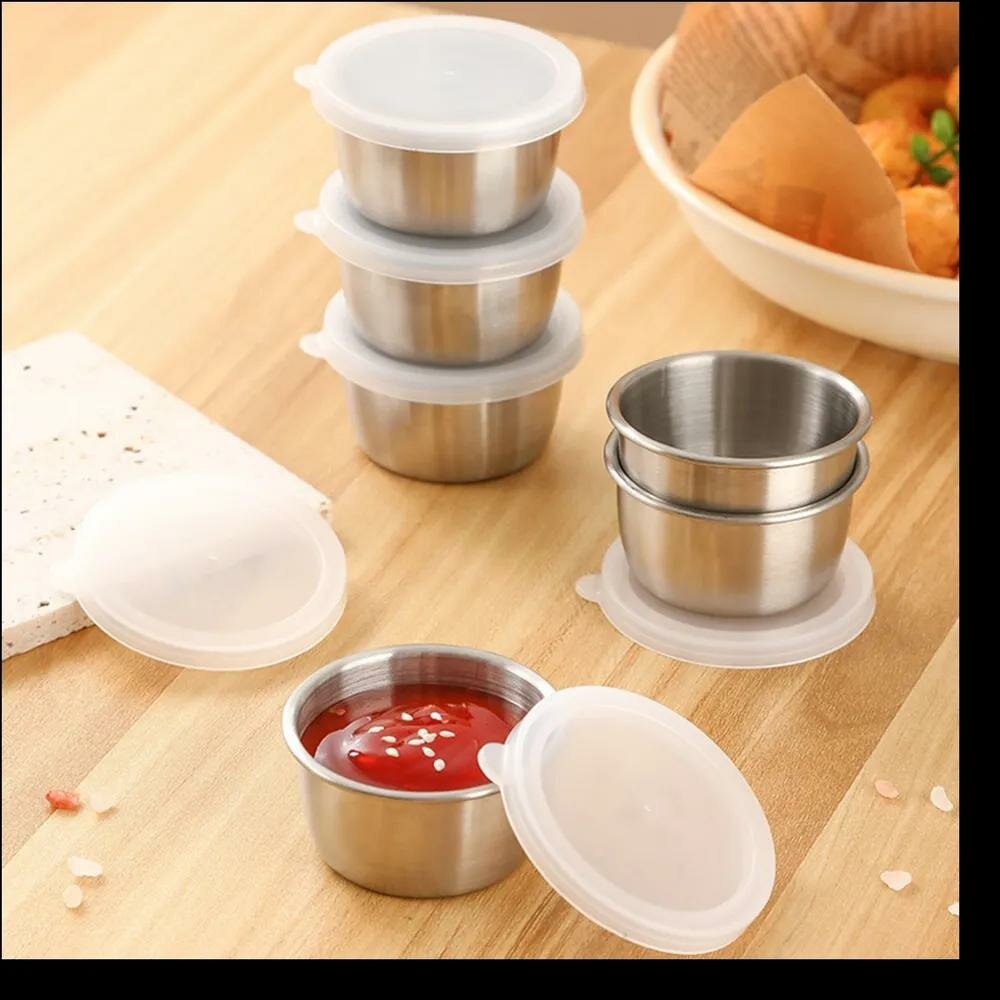 Сосет для соусов, диаметр 5,8 см, 6 штук, 40 мл, из нержавеющей стали, с пластиковой крышкой, герметичный, удобный для мойки, для приготовления еды