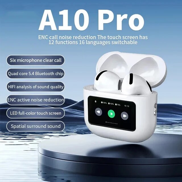 Беспроводные Bluetooth-наушники A10 Pro ANC 5.3, поддерживают шумоподавление через приложение во время звонков, водонепроницаемые, подходят для занятий спортом и игр, оснащены сенсорным экраном.