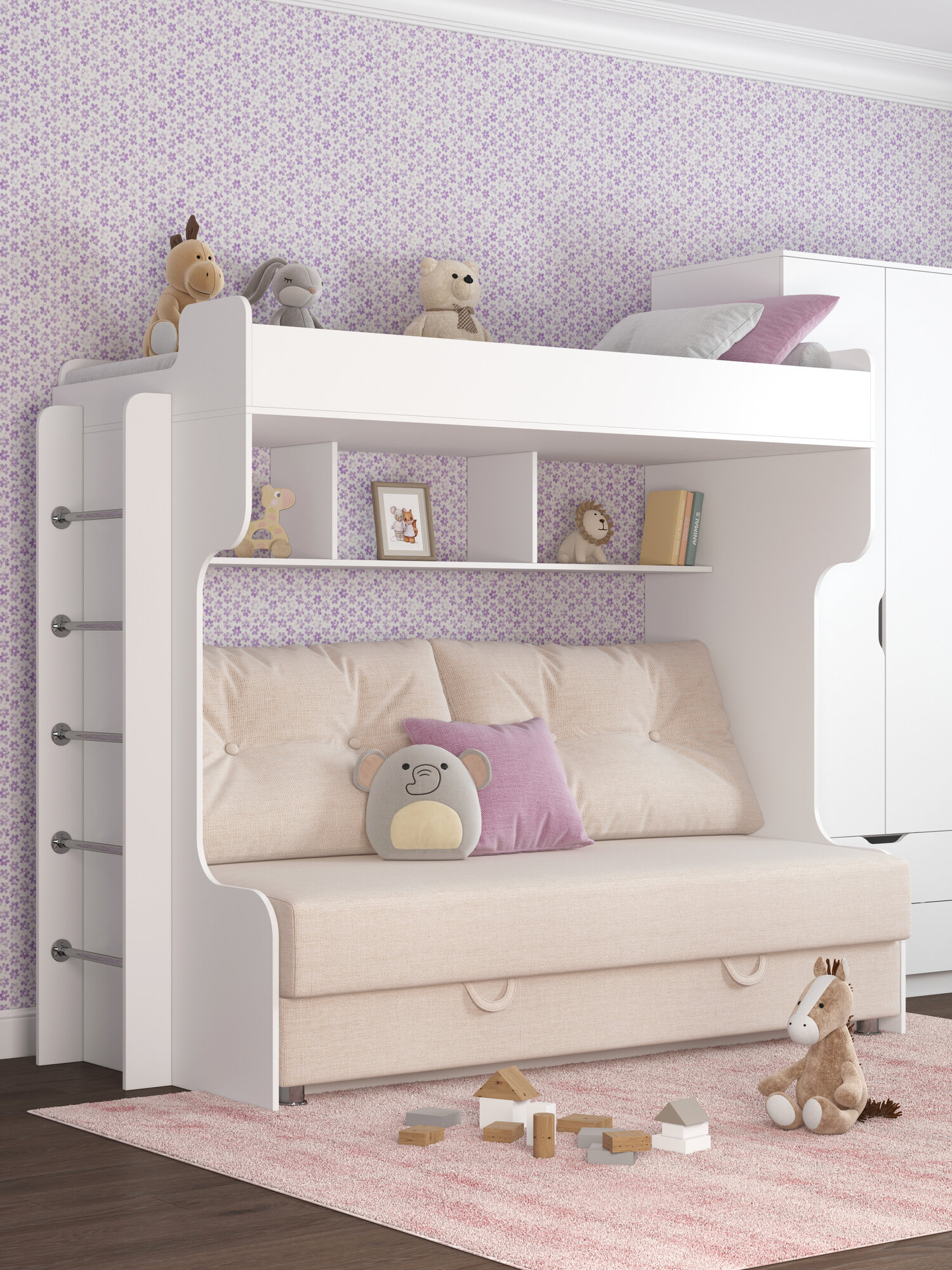 Есэндвич Альпика Кровать двухъярусная с диваном (Белый/Savana Plus Ivory) 205х104х195 см