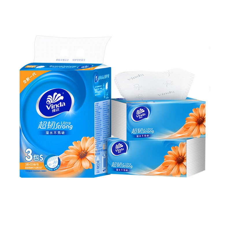 【Эксклюзивно для новичков по цене 0,01 юаня】Сверхпрочная бумажная салфетка Vinda, 100 листов, 3 упаковки, салфетки для лица, туалетная бумага, бумажные салфетки.