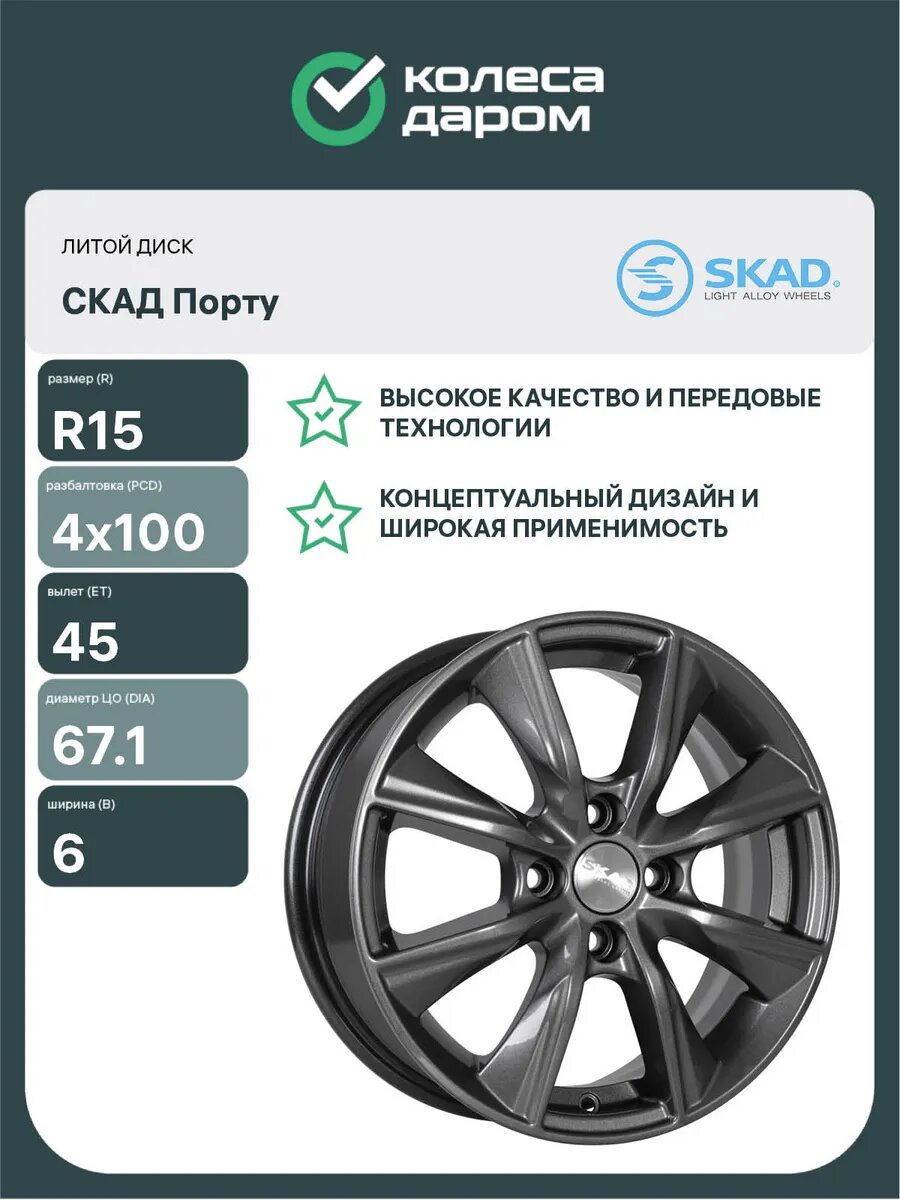 Диски автомобильные СКАД Порту R15x6 4x100 ET45 CB67.1 Graphite