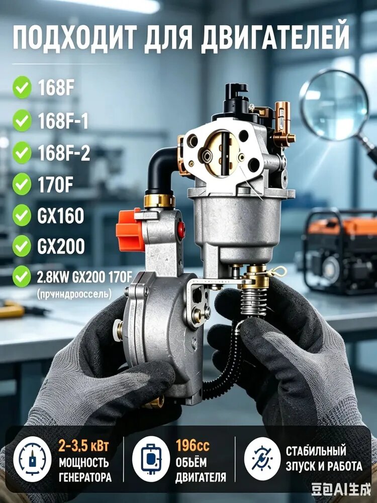 Карбюратор газ-бензин для двигателей 168F/170F (GX160/GX200); двухтопливный, для генераторов, мотоблоков и мотопомп 1.5-3.5 кВт, экономия топлива.