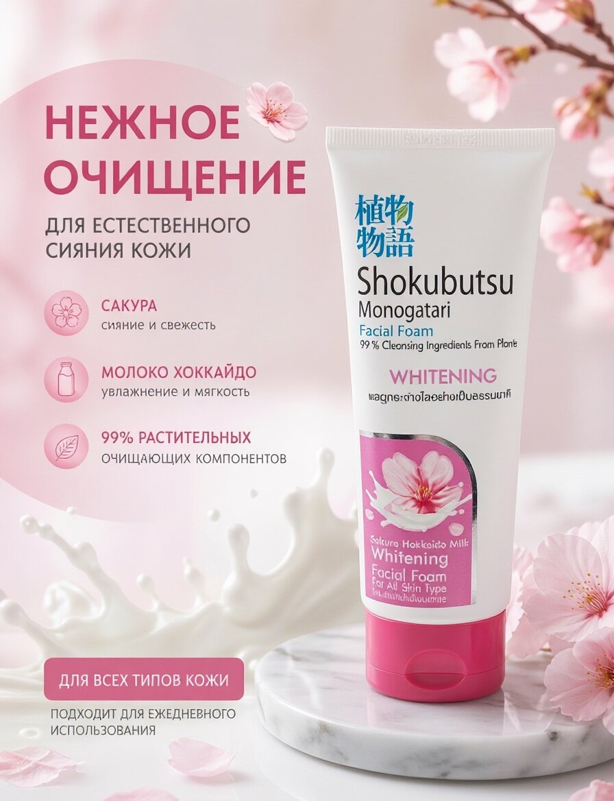LION "Shokubutsu" Пенка для умывания 100мл Сакура и молочко Хоккайдо осветляющая (Whitening)