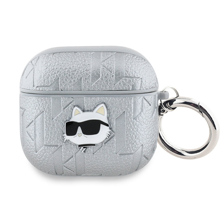 Karl Lagerfeld чехол с карабином для Airpods 4, PU кожа Saffiano Monogram NFT Metal Head Choupette, серебристый