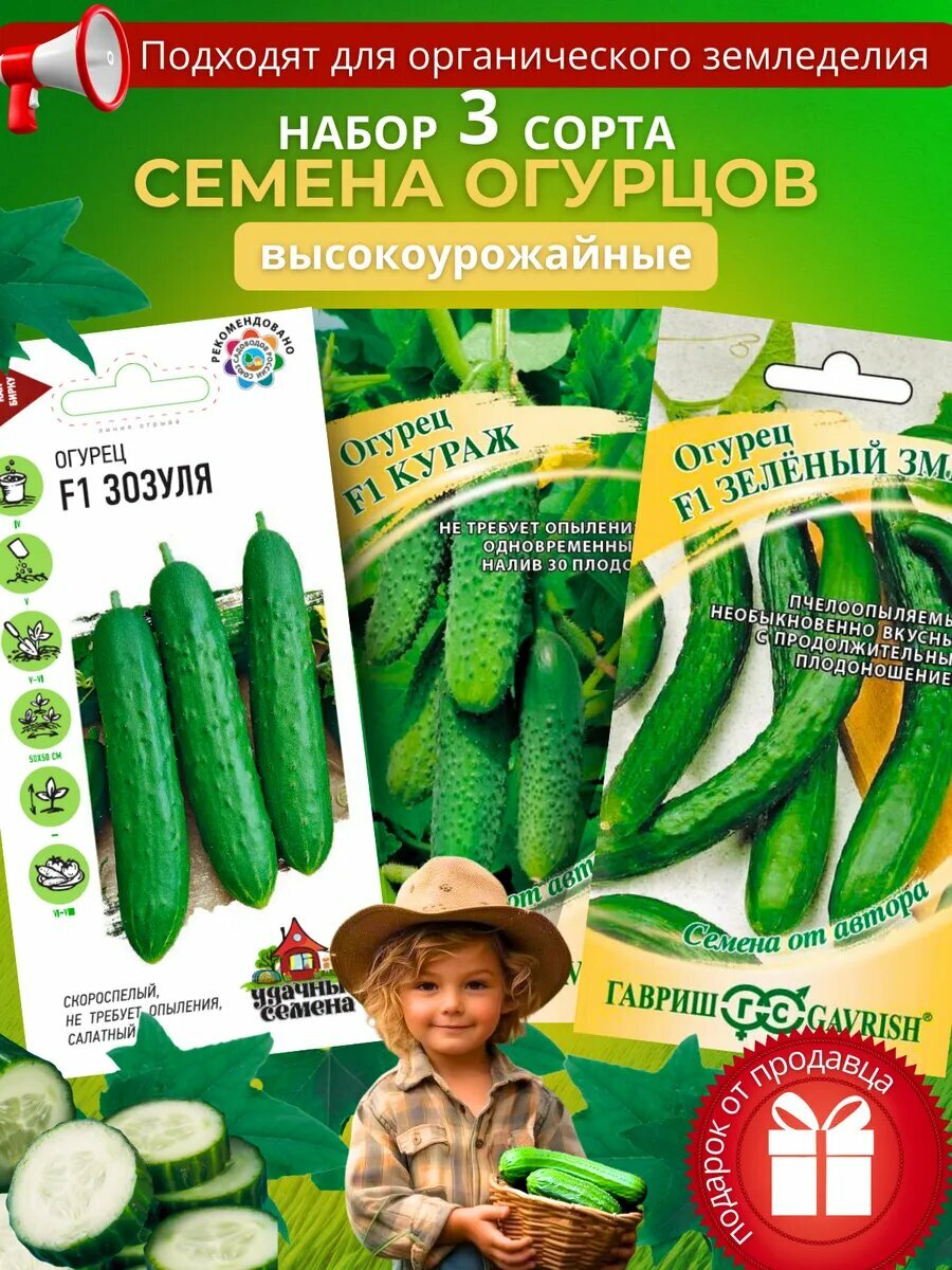 Набор семян огурцов Гавриш "Зозуля" F1, "Кураж" F1, "Зеленый змей" F1, 100% всхожесть