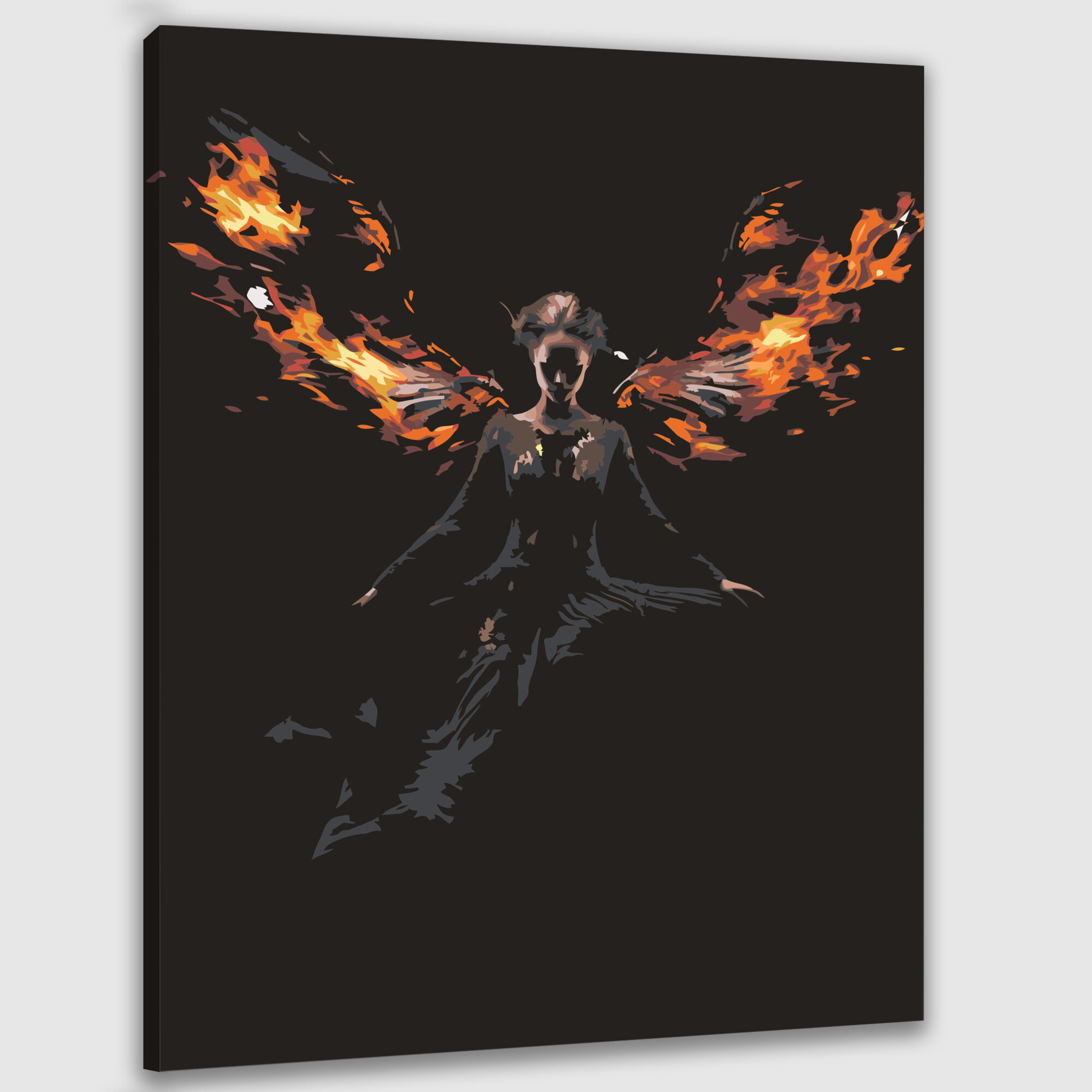 Картина по номерам 40x50 см, костюмированный исполните, подвешенный в воздухе, блестящие крылья, мерцающее пламя