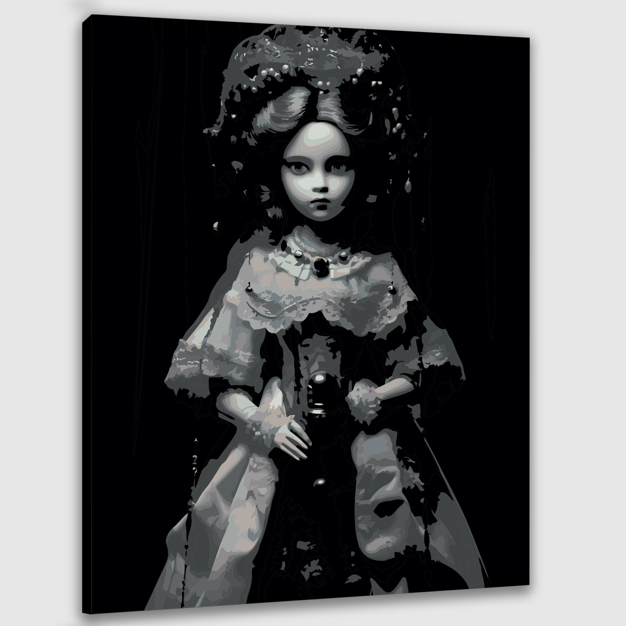 Картина по номерам 40x50 см, фотография, кукла, фарфоровая, серебряные глаза, платье, викторианская эпоха, темный фон