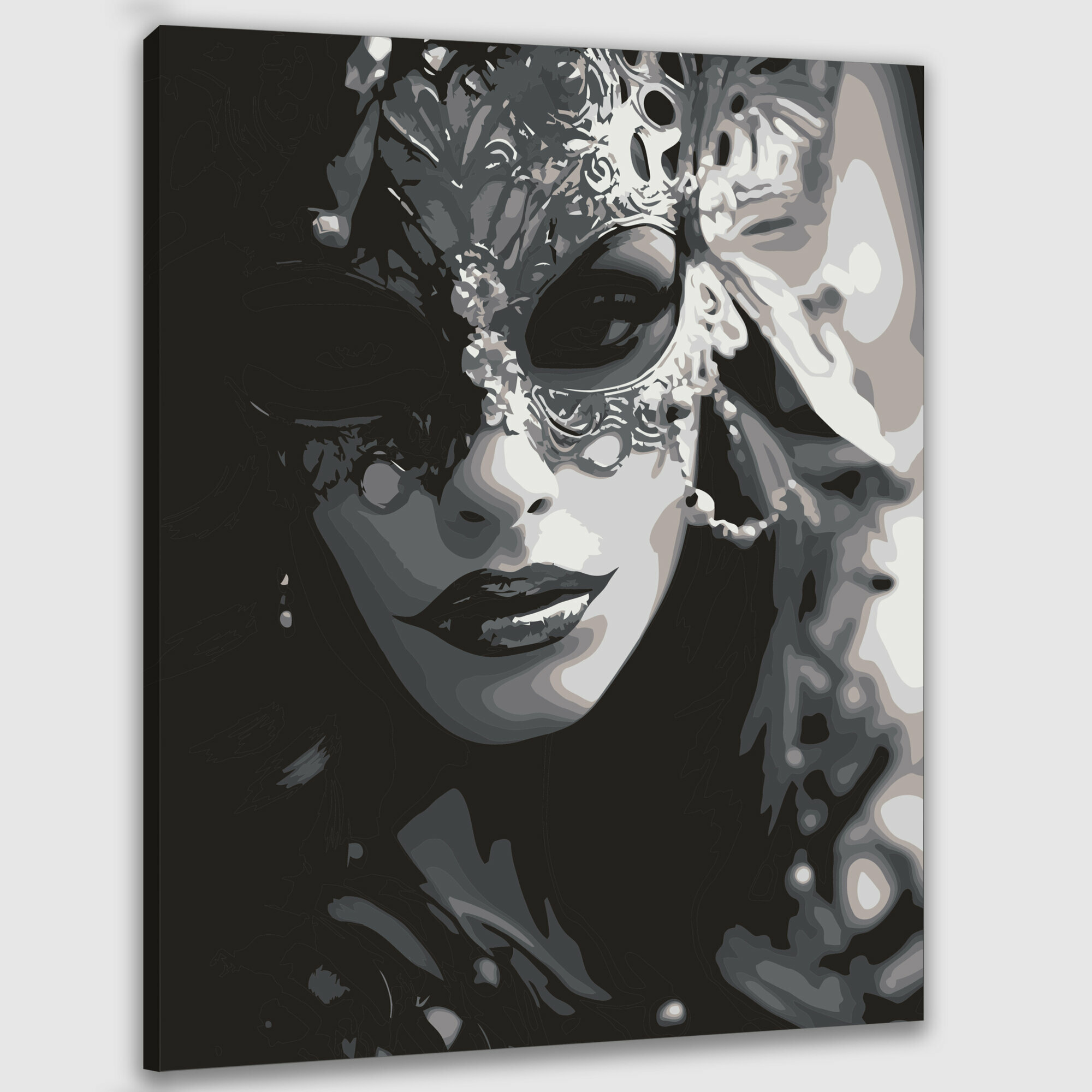 Картина по номерам 40x50 см, черно-белая фотография, девушка, венецианская маска, интрига, очарование, кружево маски