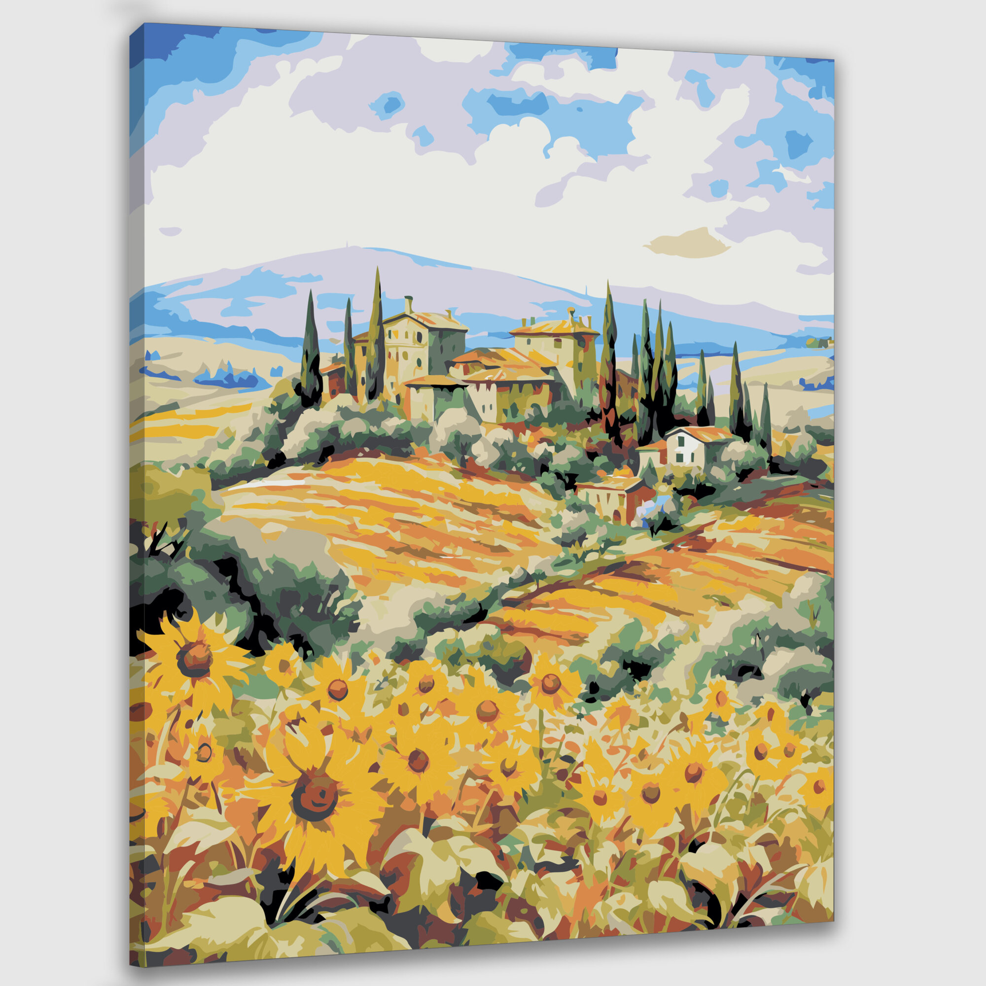 Картина по номерам 40x50 см, акварель, картина, Тоскана, сельская местность, холмы, поля подсолнухов, мазки, энергия