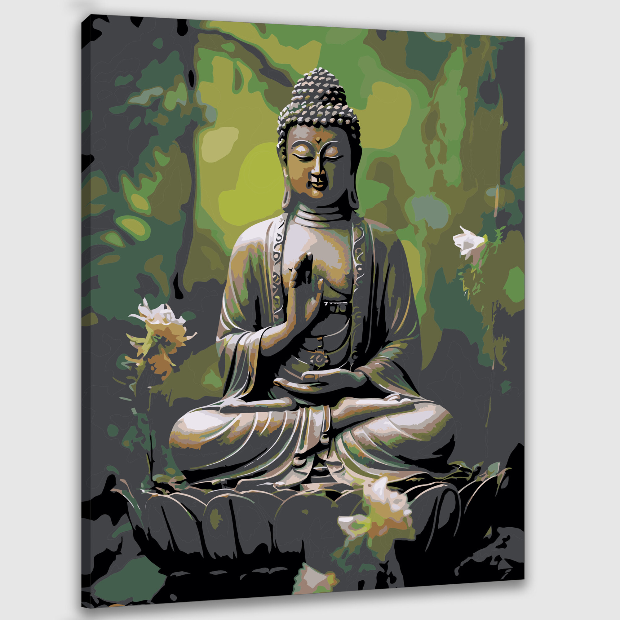 Картина по номерам 40x50 см, фотография, статуя Будды, дзен-сад, зелень, цветы, бронза, медитация, мудре просветления