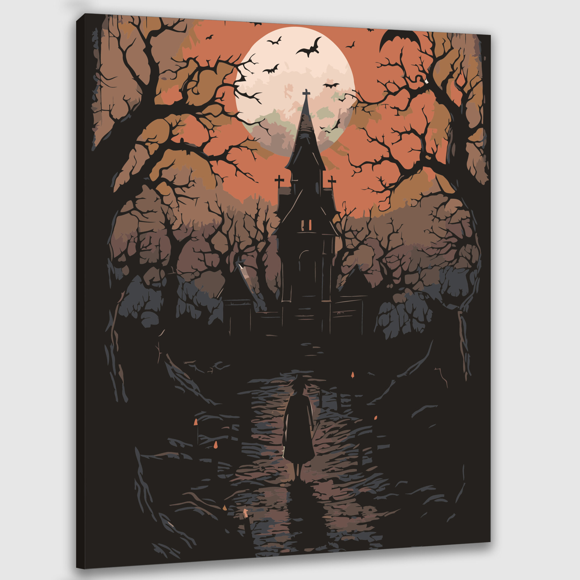 Картина по номерам 40x50 см, иллюстрация, стиль Эдварда Гори, Хэллоуин, викторианский особняк, кладбище, луна